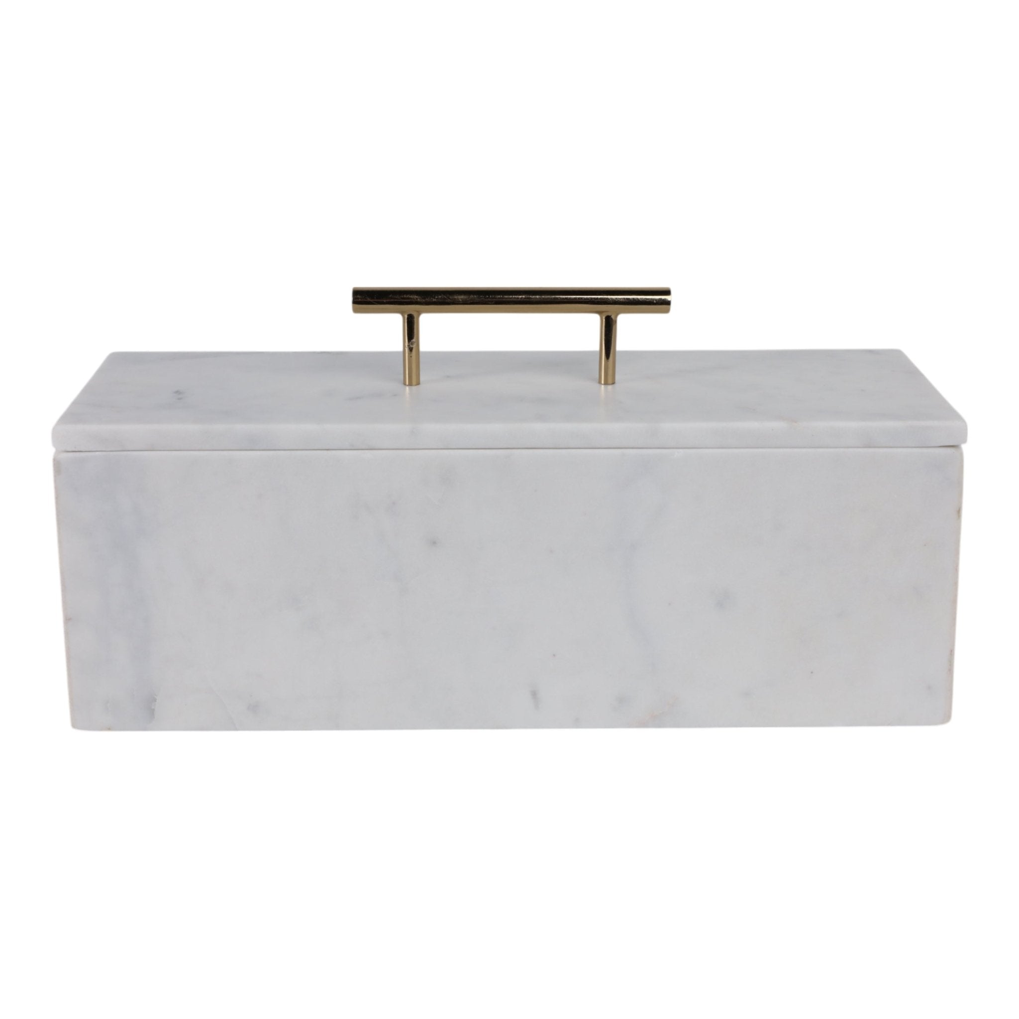16x7" Marble Rectangular Box With Handle, White/go - Al Rugaib Furniture