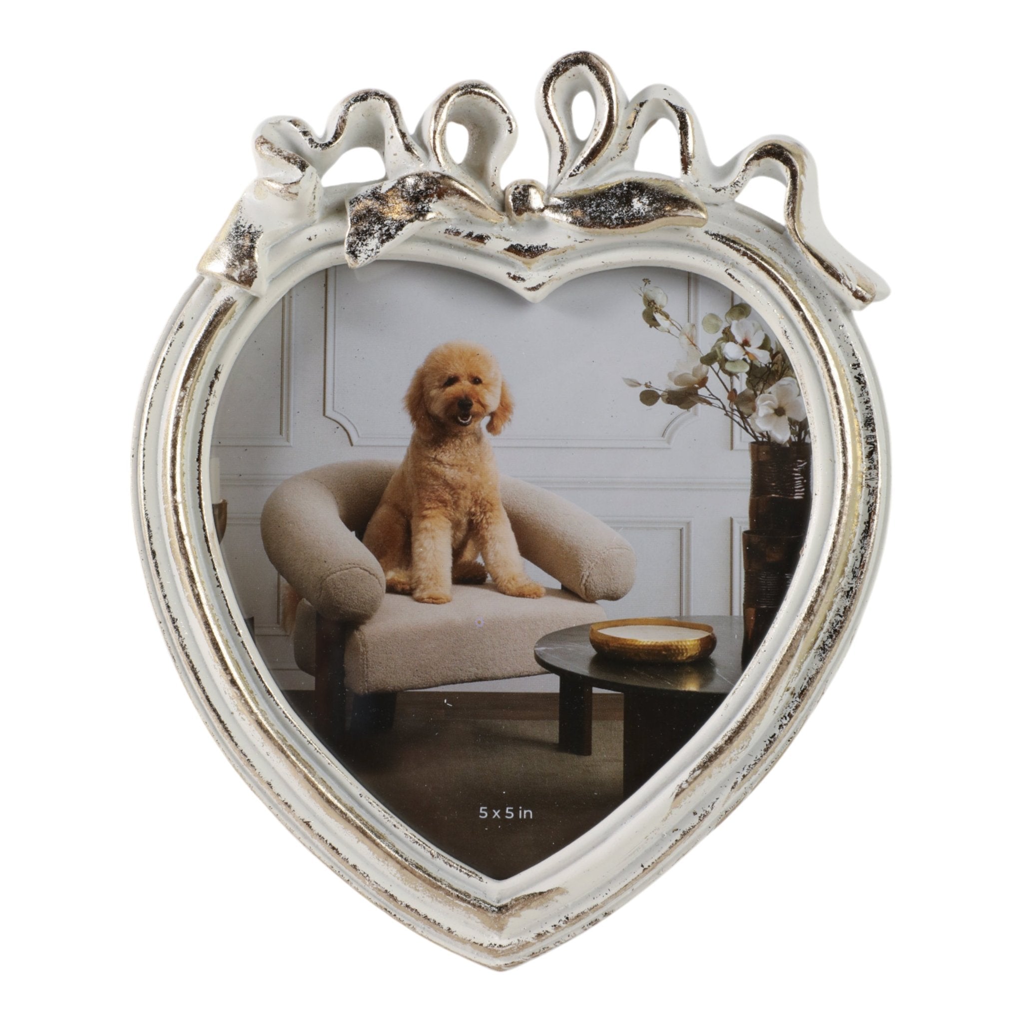 5x5 Heart Photo Frame With Bow, Ivory/gold - Al Rugaib Furniture