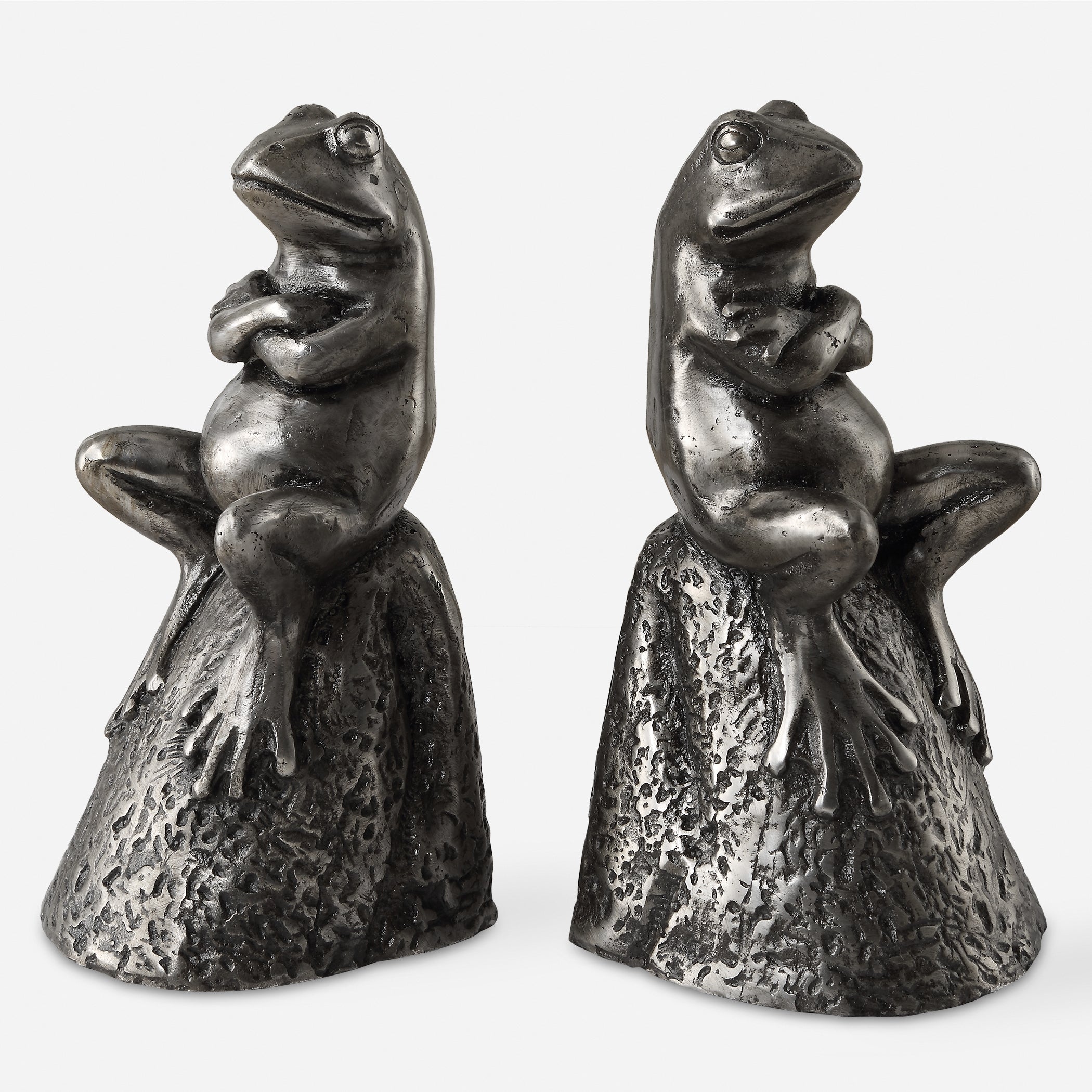 Daydreaming Frogs Aged Silver Bookends, S/2 - Al Rugaib Furniture