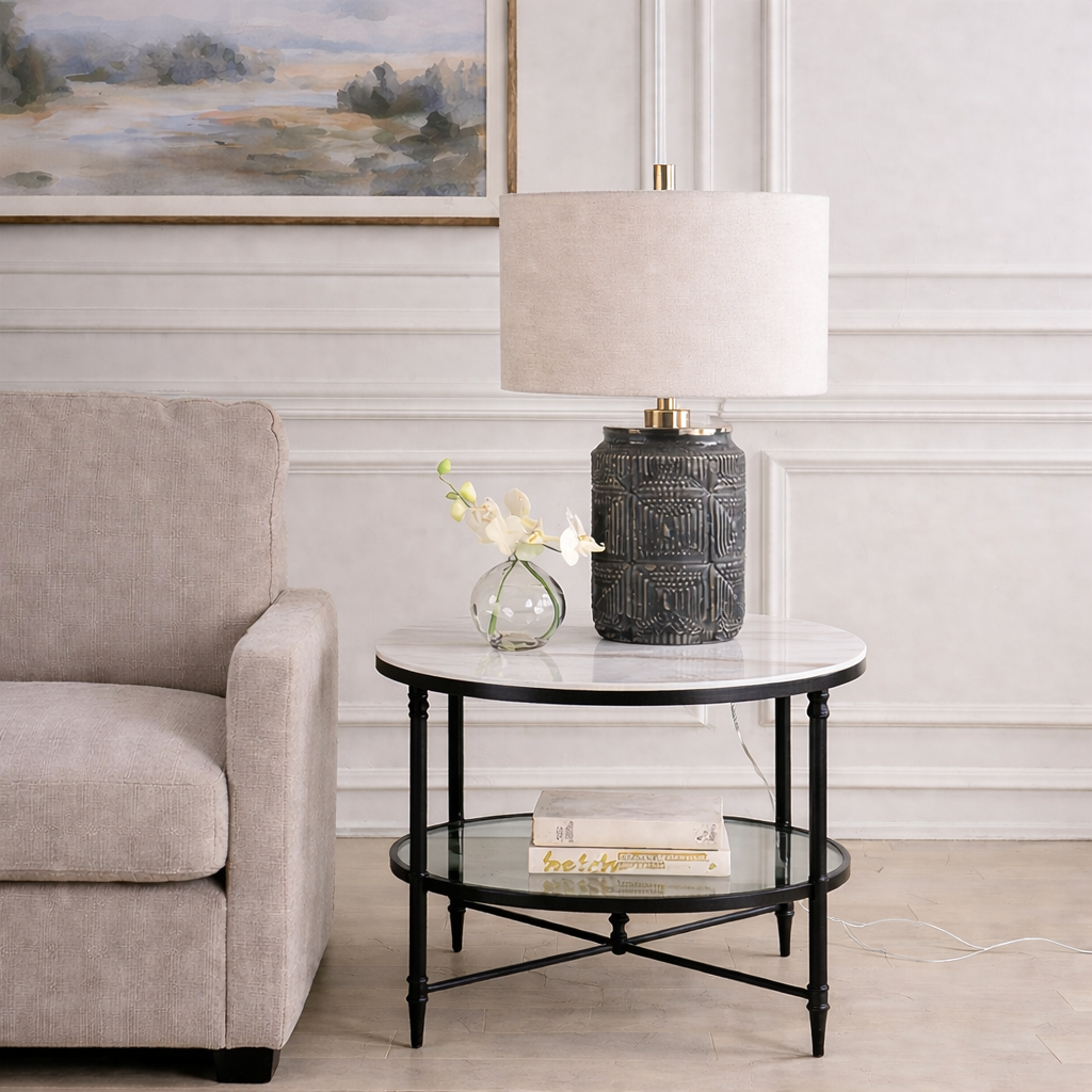 Henzler 68 W x 66 H x 68 D Black Round End Table with Marble Top – Al ...