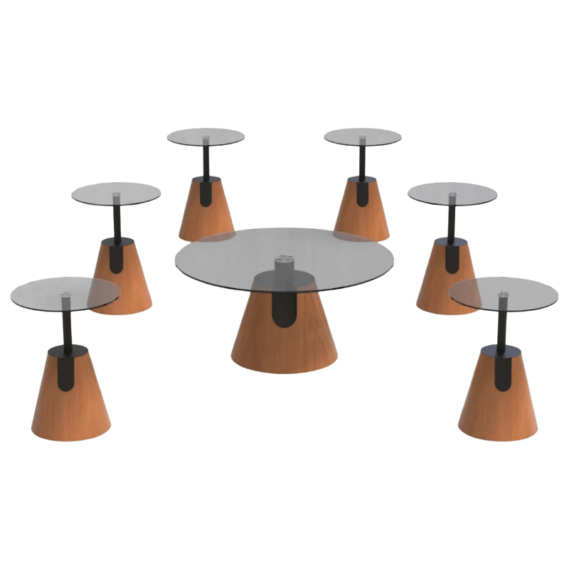 Marble Round Glass and Wood Coffee Table Set 1+6 – Dark Brown with a P ...