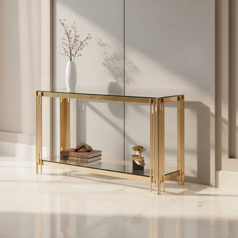 STAINLESS STEEL & GLASS CONSOLE TABLE, GOLD KD - Al Rugaib Furniture