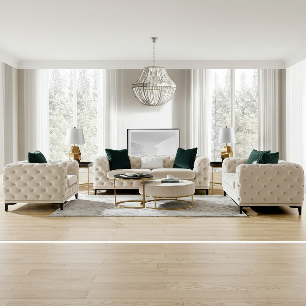 Statement Tuft Off-White Living Room Set - Al Rugaib Furniture